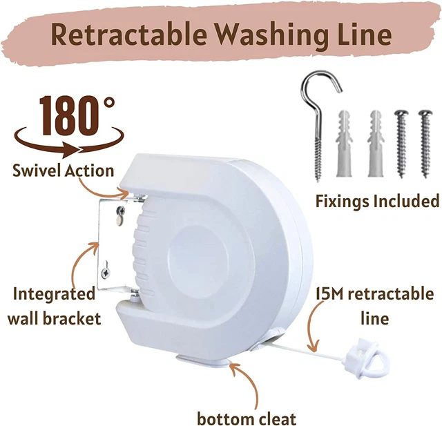 WALL MOUNTED 12M Retractable Clothes Reel Washing Line Outdoor Laundry ...