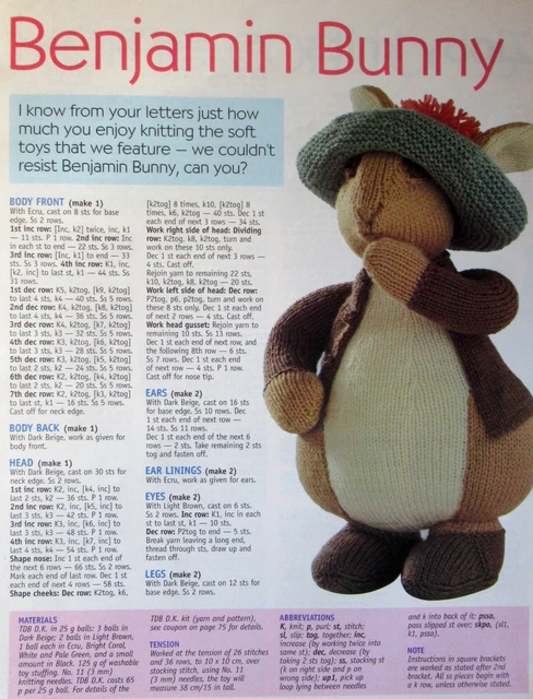 BENJAMIN BUNNY TOY Knitting Pattern From Women's Weekly - Beatrix ...