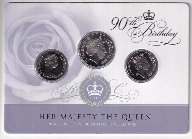 AUSTRALIAN: 2016 QUUEN ELIZABETH II 90th BIRTHDAY FROSTED THREE COIN ...