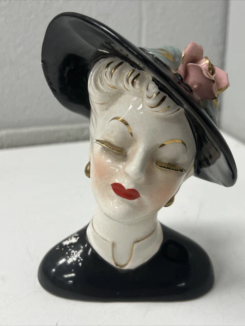 VINTAGE VASE WOMAN Bust Japan Lady Hat Retro Cafe Deco Head Ceramic $49 ...