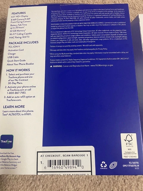 TÉLÉPHONE INTELLIGENT ANDROID TCL ION V 2023 modèle T607DL TracFone ...