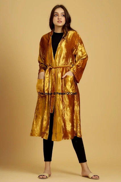 MUSTARD GOLD PLAIN Bathrobe Soft Crushed Velvet House Coat Sleepwear ...