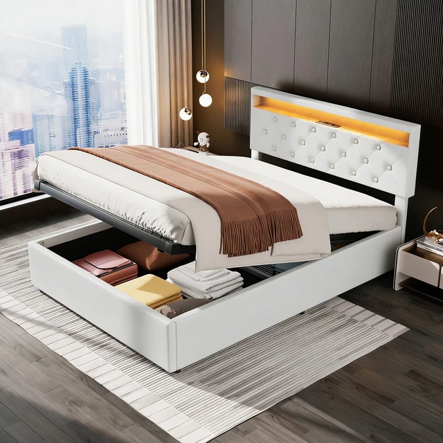LED OTTOMAN STORAGE PANEL WHITE FABRIC UPHOLSTERED DOUBLE BED FRAME ...