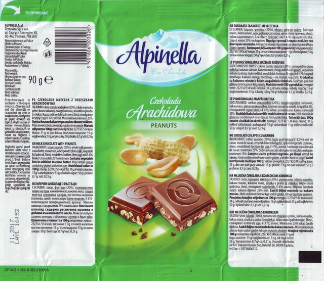 ALPINELLA MILK CHOCOLATE + Peanuts 90g; Plastic wrapper ...