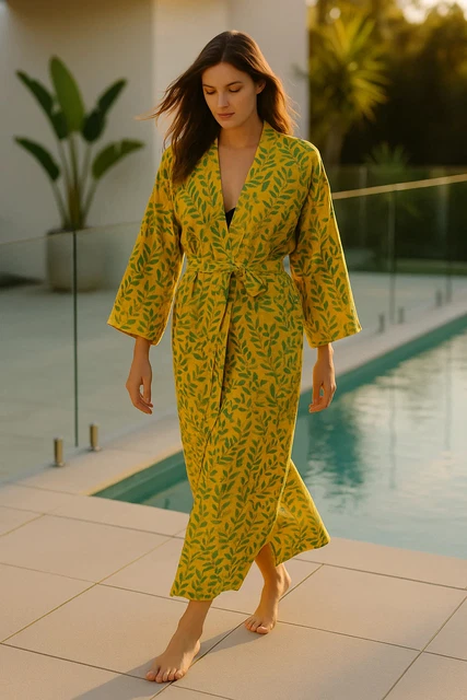 BOTANICAL YELLOW LEAF Kimono Robe | Waffle Cotton Loungewear & Resort ...