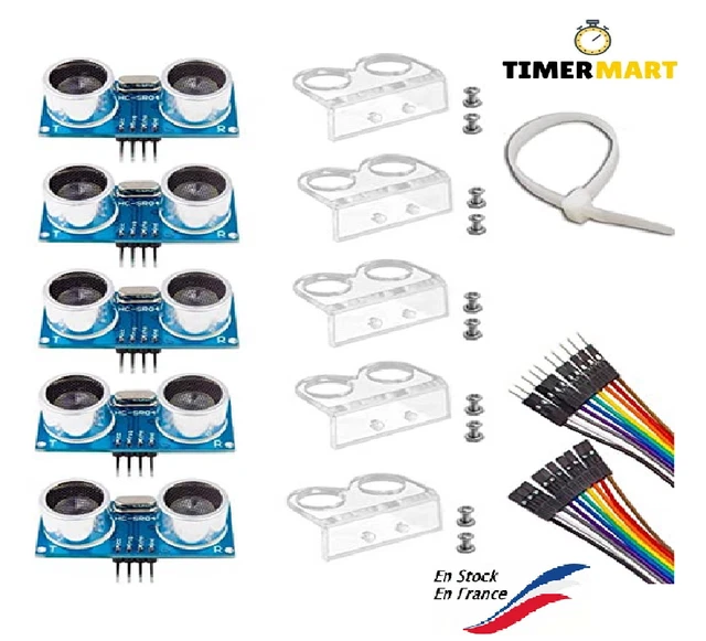SET DE 5 Ultrasonic HC-SR04 + 5 Supports et câbles dupont M-F Arduino ...
