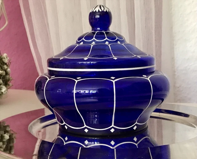 ANTIK ART DÉCO Dose Glasdose Deckeldose kobalt blau Email Bemalung ...