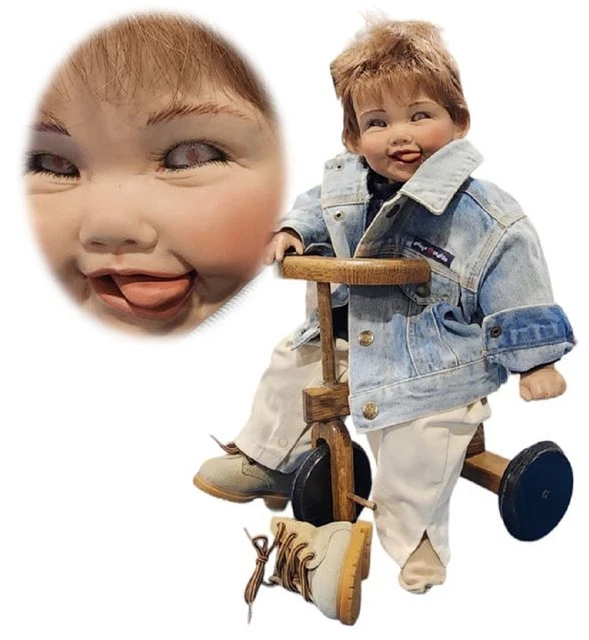 POSSESSED TOY DOLL Demon Child Boy on Tricycle Red Eyes Halloween Prop ...