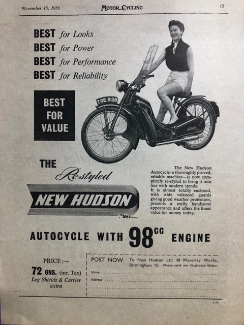 HUDSON AUTOCYCLE 98CC Original 1956 Print Advert Auto Cycle £4.00 ...