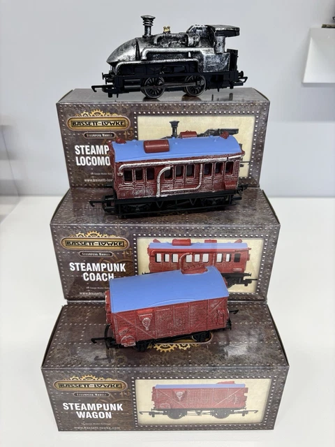 HORNBY/ BASSETT-LOWKE STEAMPUNK 0-4-0 Locomotive plus Coach & Wagon 00 ...