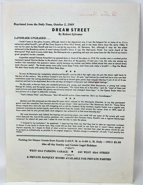 VINTAGE 1969 TIMES Square Rosoff's 1899 Theatre Hotel Restaurant Menu ...