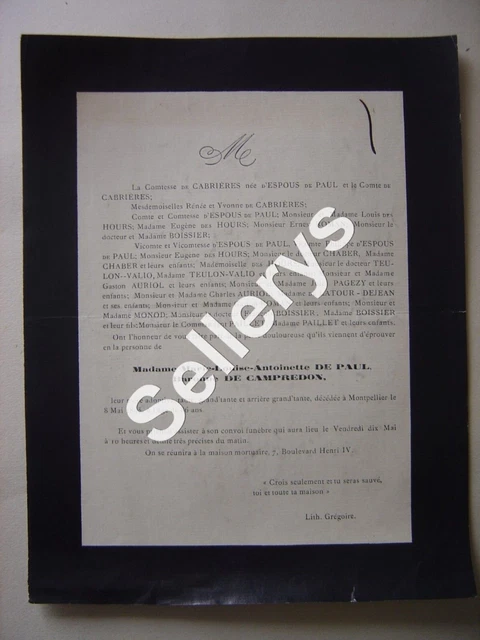 FAIRE-PART DÉCÈS MME Marie Louise Antoinette de Paul Baronne de CAMPREDON 1895 EUR 24,90 ...