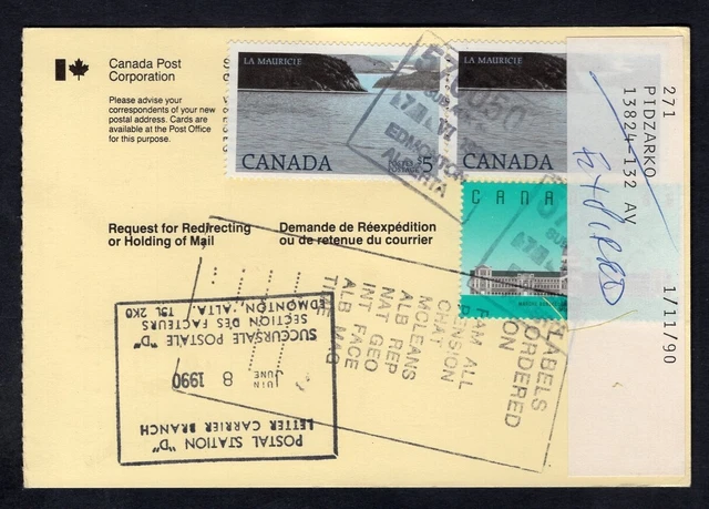 EDMONTON 1990 CANADA Post Redirect Mail Request Form with High Value ...