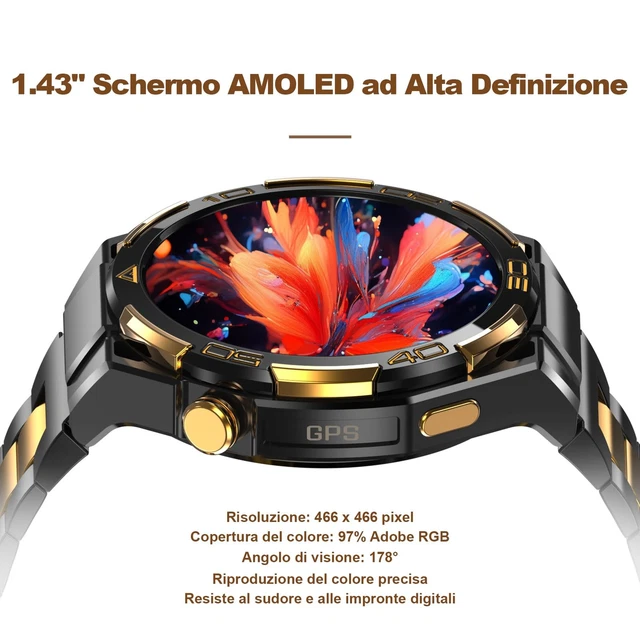 SMARTWATCH CON GPS AI Torcia Bussola Display AMOLED 1,43 Always On nero ...