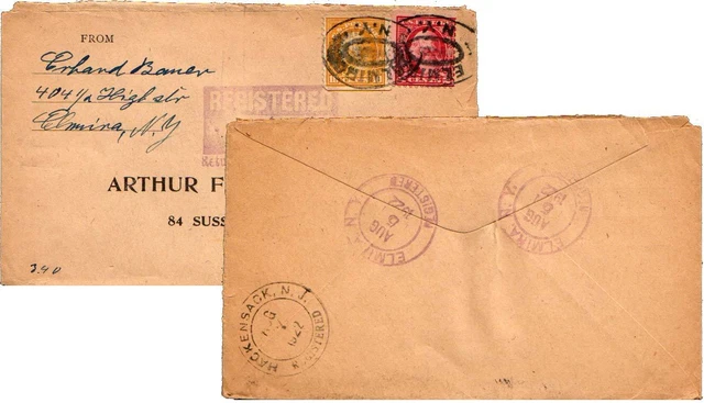 NEW YORK ELMIRA Registered 1922 violet double ring 2c and 10c ...