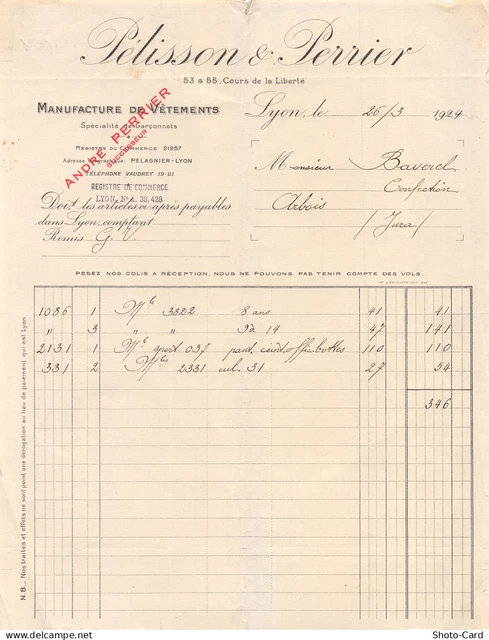 1924 MANUFACTURE DE Vetements Pelisson&Perrier A Lyon-M. Baverel A ...