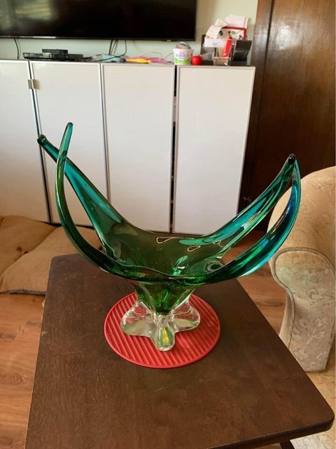 RARE SIGNED CHALET Blue Green Double Cross Arm Centerpiece art glass ...