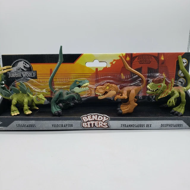 JURASSIC WORLD BENDY Biters 4-PACK Stegosaurus Velociraptor T-Rex ...
