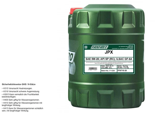 20 LITRE FANFARO Jpx 5W-20 huile moteur Api Sp (RC) Ilsac GF-6A ...