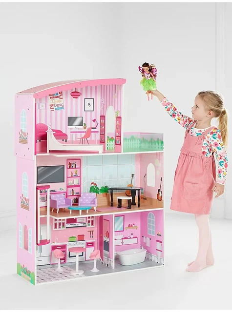 LARGE WOODEN FASHION Dolls Pink Mansion House with Furniture (New) £29. ...