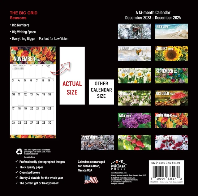 CALENDRIER MURAL MENSUEL suspendu The Big Grid Jumbo grand imprimé 2024 ...