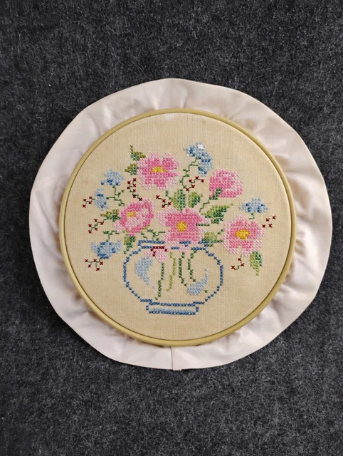 VINTAGE COMPLETED CROSS Stitch Pink and Blue Floral w Hoop Frame Round ...