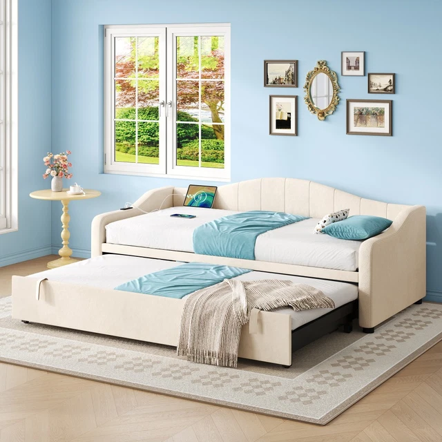 UPHOLSTERED BED 90X190CM Daybed, Sofa Bed with Charging Station 3ft ...