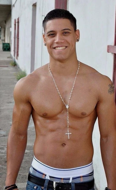 Shirtless Male Latin Hunk Jock Smiling Beefcake Muscular Physique Photo