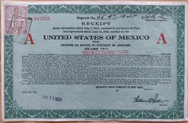 UNITED STATES MEXICO Receipt 1924 Class A Bond 1236 Dollars Taxes ...
