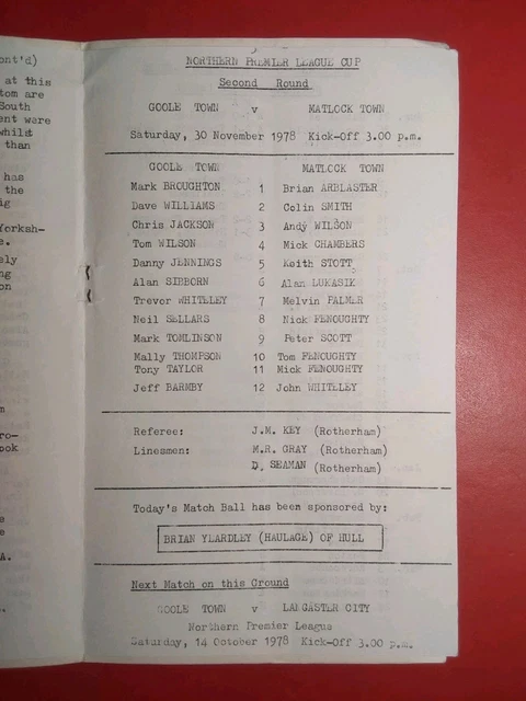 GOOLE TOWN V Matlock Town 30th November 1978 £0.63 - PicClick UK