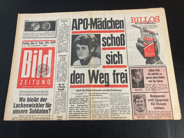 BILD ZEITUNG VOM 12.2.1971 mit BAADER-MEINHOF RAF ASTRID PROLL + Kuhlenkampff EUR 14,99 ...