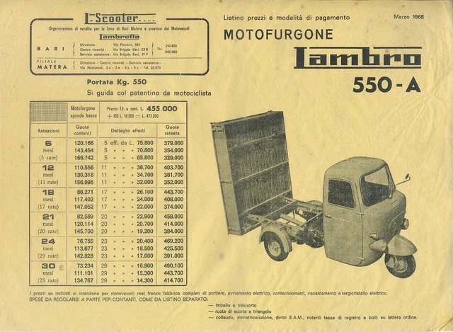 DEPLIANT BROCHURE LISTINO Prezzi Innocenti Motofurgone Lambro 550 -A ...
