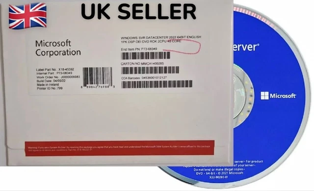 MICROSOFT WINDOWS SERVER 2022 datacenter 48 Core Unlimited Cals DVD ...