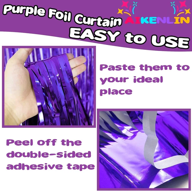 4 PACK PURPLE Foil Fringe Curtain Backdrop, 3.2Ft X 9.8Ft Metallic ...