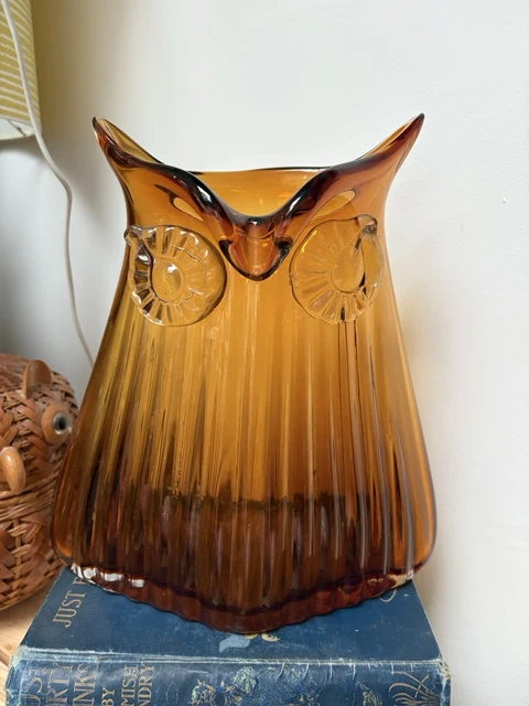 STUNNING LARGE AMBER Murano Style Glass Owl Vase Vintage Retro £31.88 ...