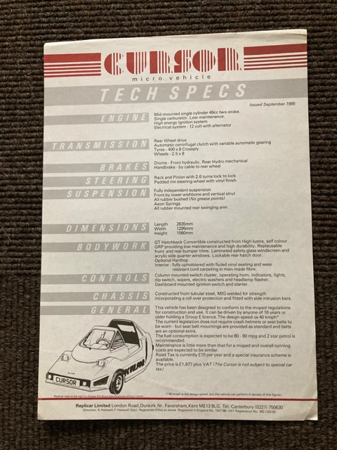 REPLICAR CURSOR MICROCAR Specification Sheet 1985 - V.rare £1.50 ...
