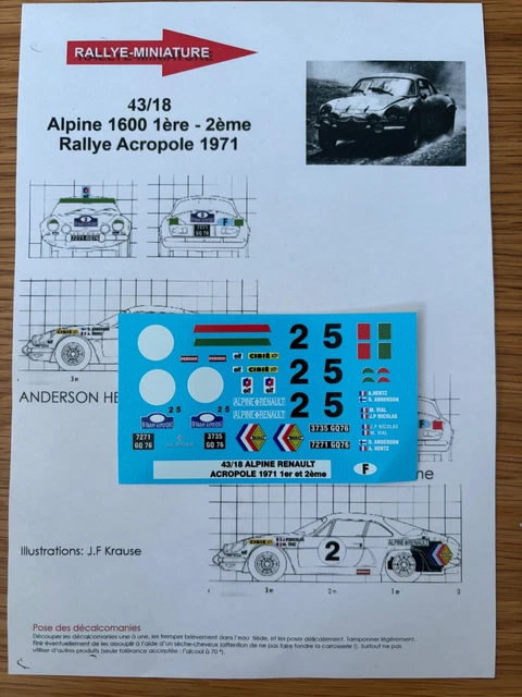 DECALS 1/43 ALPINE Renault A110 Andersson Acropolis Rally 1971 Rallye ...