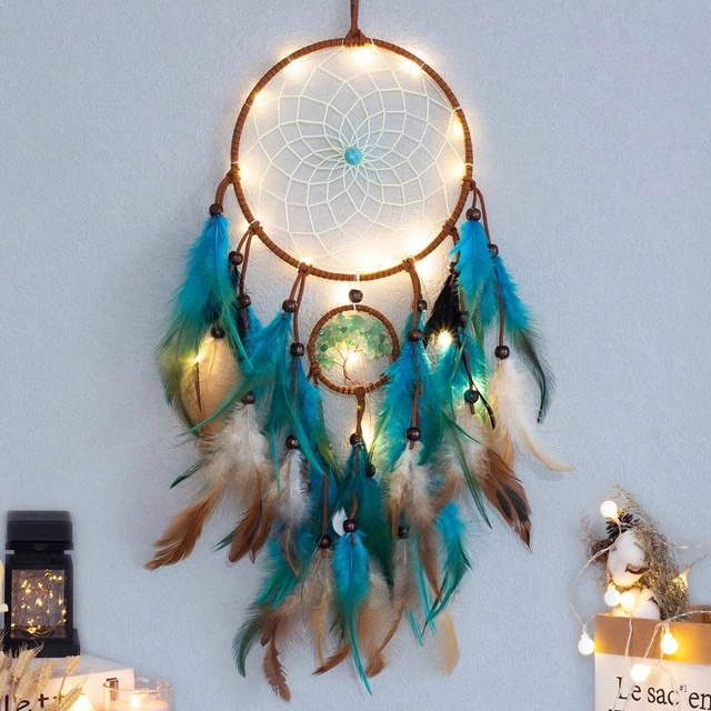 DREAM CATCHER BLUE Tree of Life with Feathers, Mobile LED Fairy Lights ...