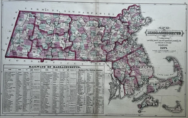 ORIGINAL 1871 MASSACHUSETTS Map,County,Towns,Villages,Railroad Stations ...