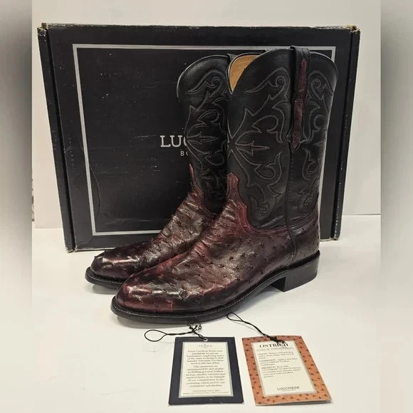 LUCCHESE MENS HUDSON OSTRICH Leather Cherry Black Boots Size 9.5 £391. ...