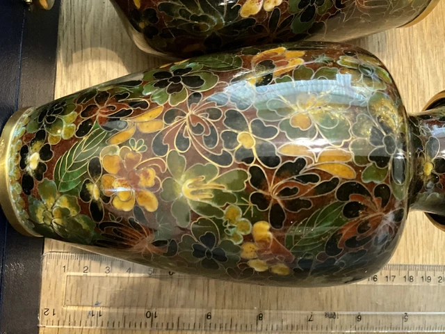 CLOISONNÉ PAIR OF Vases Approx 16cm tall Autumnal Gold And Bronze ...