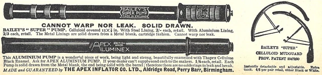 VINTAGE APEX ALUMINEX and Bailey's Super Pump & Mudguard Advert - Original 1937 £5.00 - PicClick UK