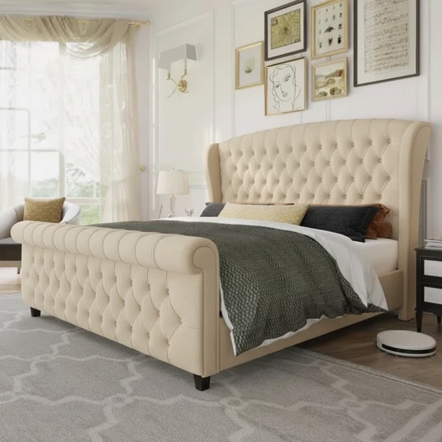 TULIP WING SLEIGH Bed – Plush Velvet Frame, Mattress & Gas Lift Option ...