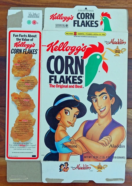 KELLOGG'S CORN FLAKES Flat Cereal Box Disney’s Aladdin Movie Jasmine ...