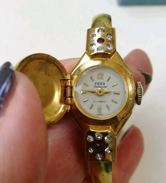VINTAGE LADIES FERO Feldmann Gold Watch Wind Up & Working Swiss Made 17 ...