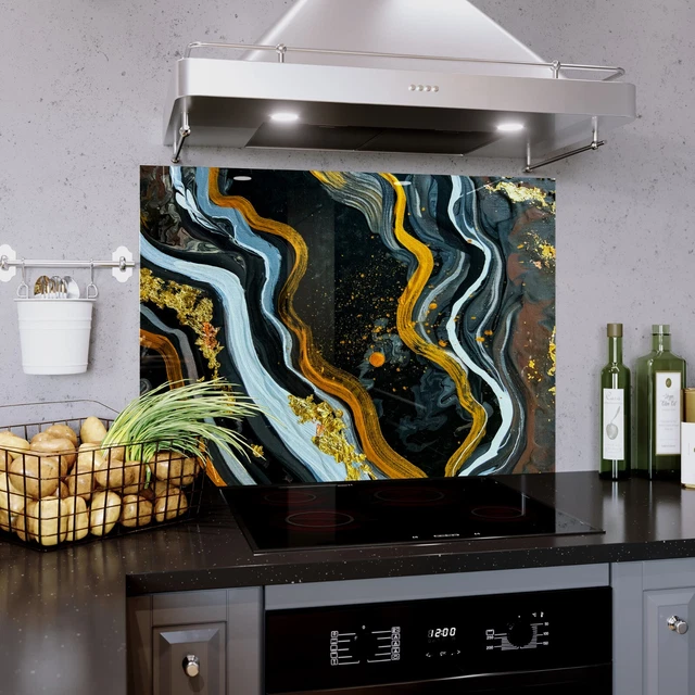 KITCHEN GLASS SPLASHBACK Toughened Tile ANY SIZE Painting Gold Abstract ...