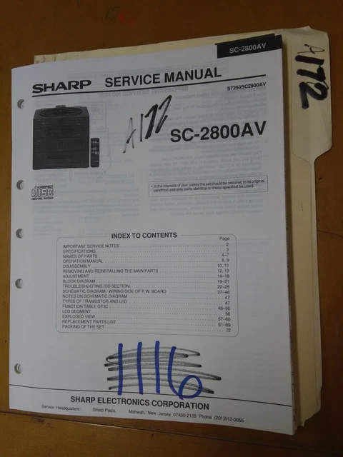 MANUEL D'ENTRETIEN SHARP sc-2800av livre de réparation original stéréo ...