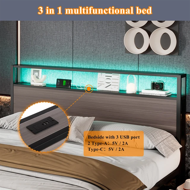 SINGLE BED FRAME with LED Lights, 4 Drawers, Charging Station Metal ...