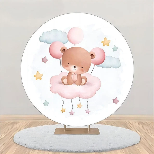 WHITE PINK SIMLING Bear Round Baby Shower Backdrop $37.84 - PicClick AU