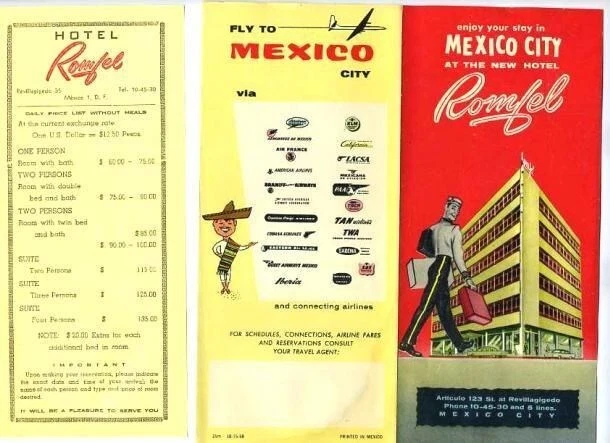 HOTEL ROMFEL BROCHURE & Rate Chart Mexico City Mexico 1950's $14.98 ...